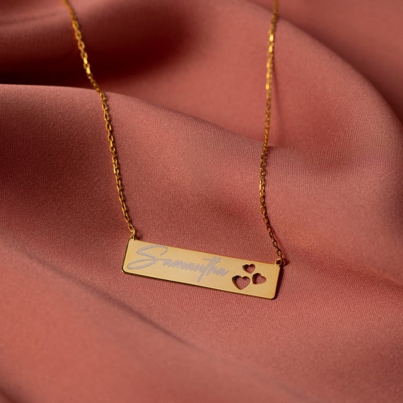 14kt yellow gold engraved bar necklace store
