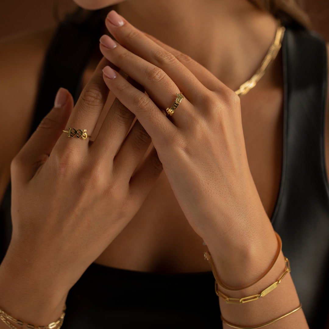 Stackable Year & Name Ring, 14K Gold Name Ring, 14K Gold Year Ring ...