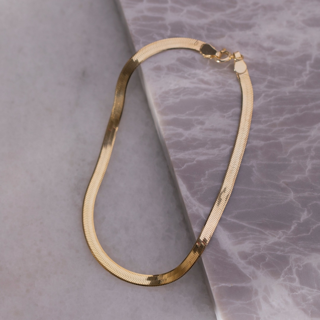 14K Gold Snake Chain Bracelet, Herringbone Chain Bracelet | Italian ...