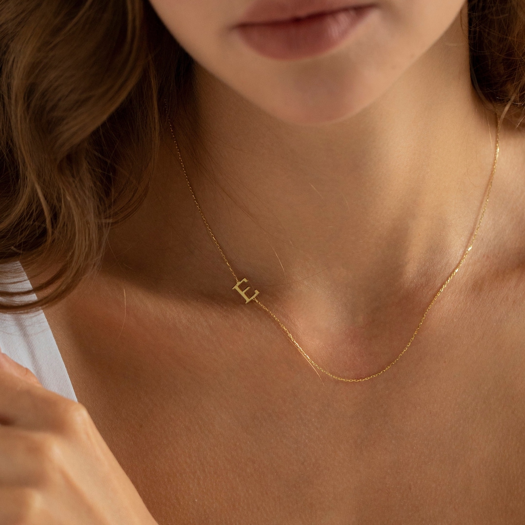 Dainty Initial Necklace, 14K Gold Sideways Initial Necklace | Gold ...