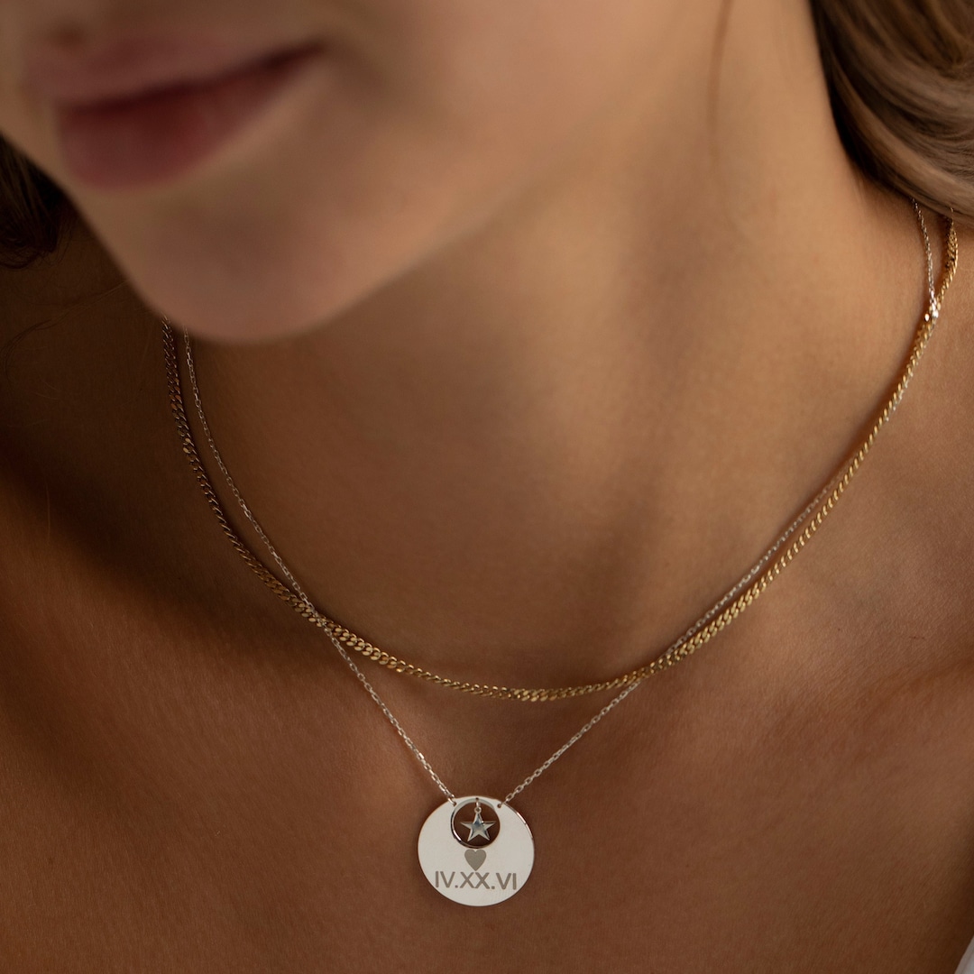 Engraved Disc Necklace W/star, Personalized Disc Necklace | Engraved ...
