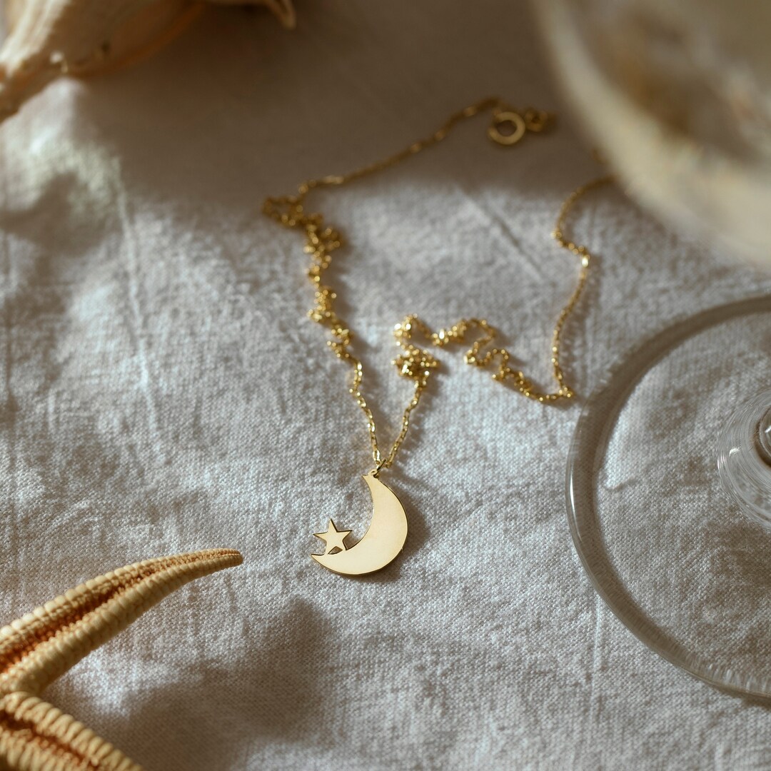 14K Gold Moon and Star Necklace, Silver Celestial Necklace | Silver ...