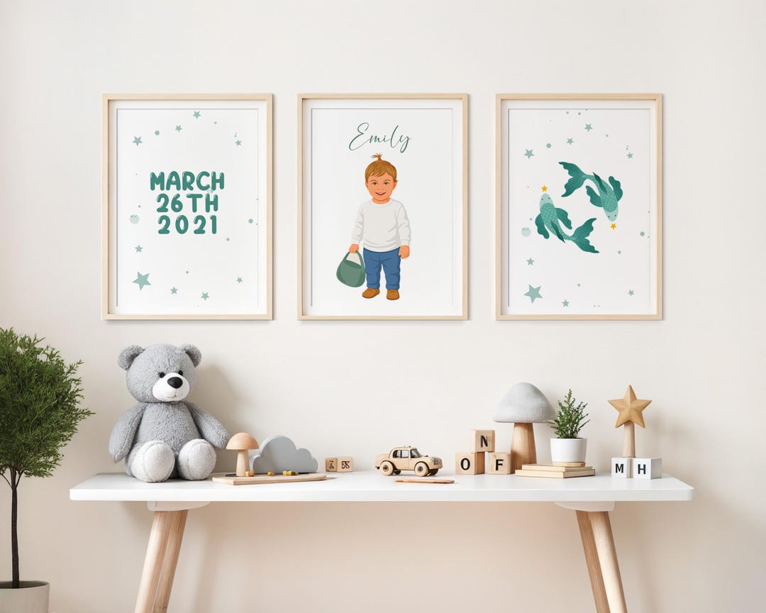 Personalized Cartoon Portrait Nursery Prints - Set of 3 Painting, 1st ...