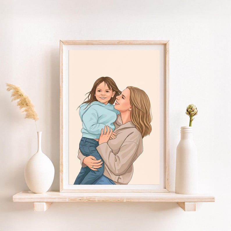 Custom Family Portrait, Personalized First Mothers Day Gift, Hand Drawn ...