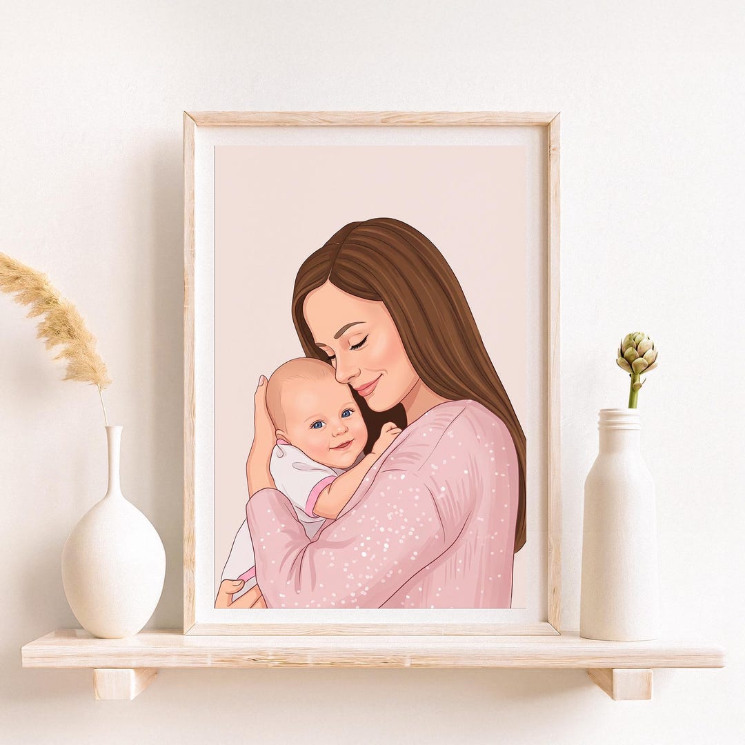 Custom Family Portrait, Personalized First Mothers Day Gift, Hand Drawn ...