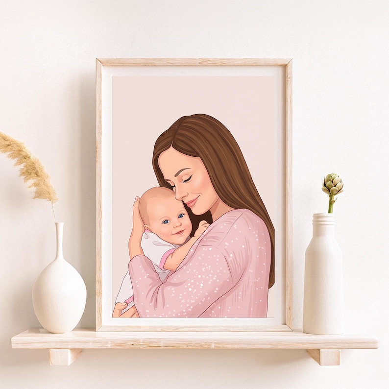 Custom Family Portrait, Personalized First Mothers Day Gift, Hand Drawn ...