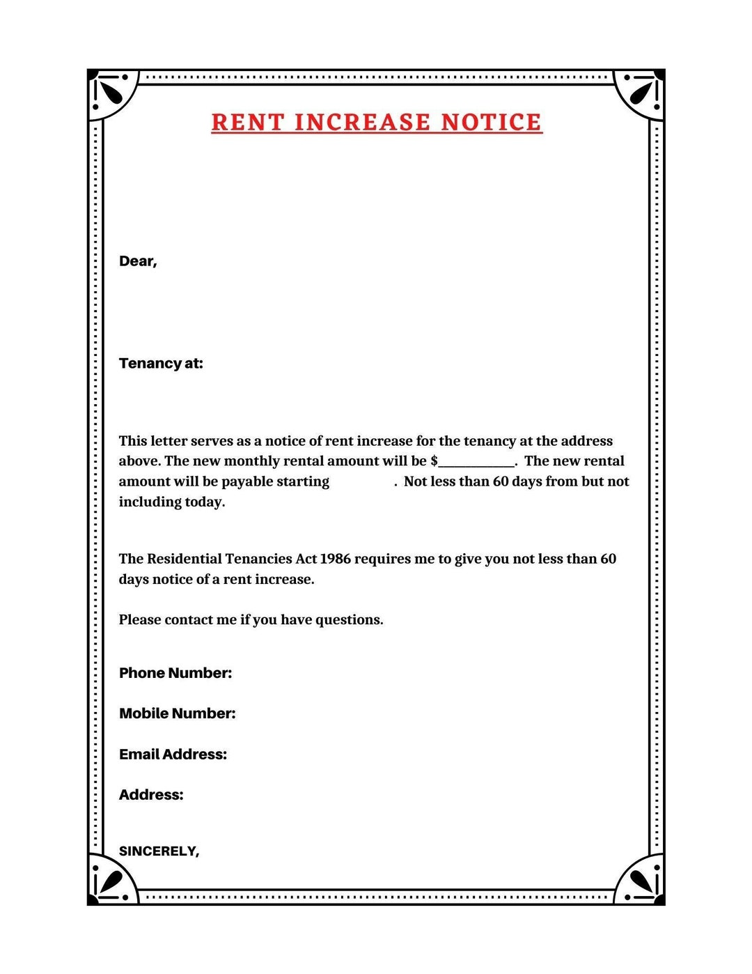 Rent Increase Notice Form | Rent Increase Form | Increase Rent Notice ...