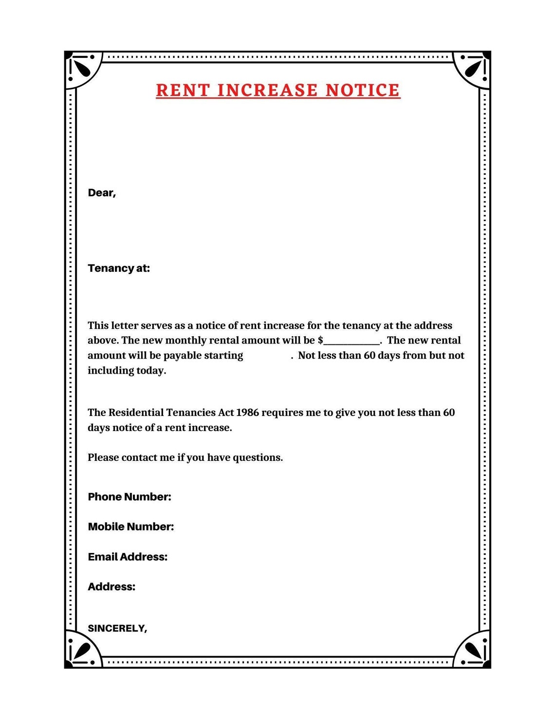 Rent Increase Notice Form | Rent Increase Form | Increase Rent Notice ...