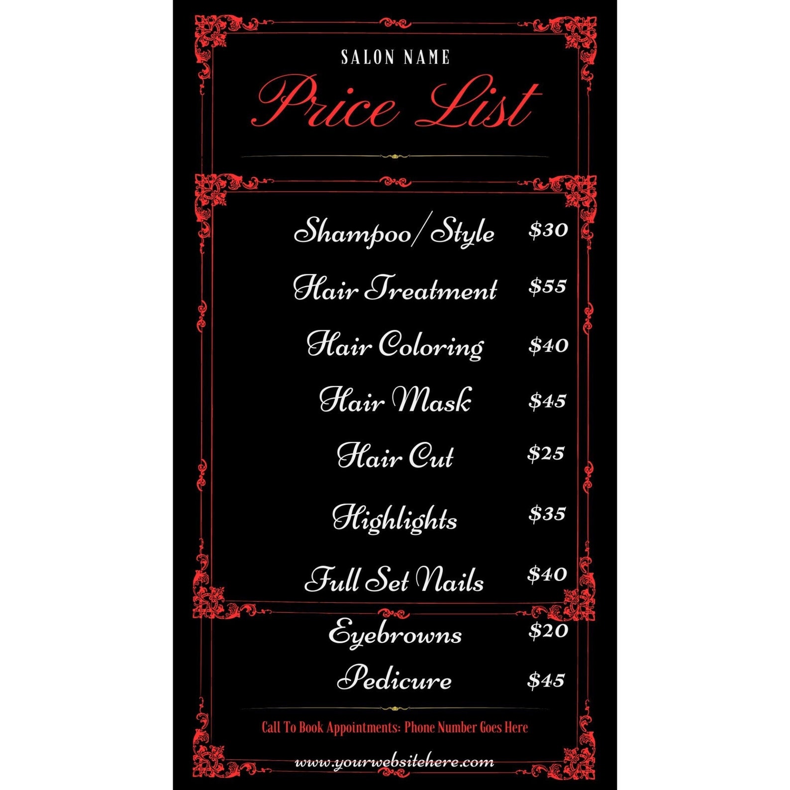 Editable Salon Price List Template | Salon Price List | Editable Price ...