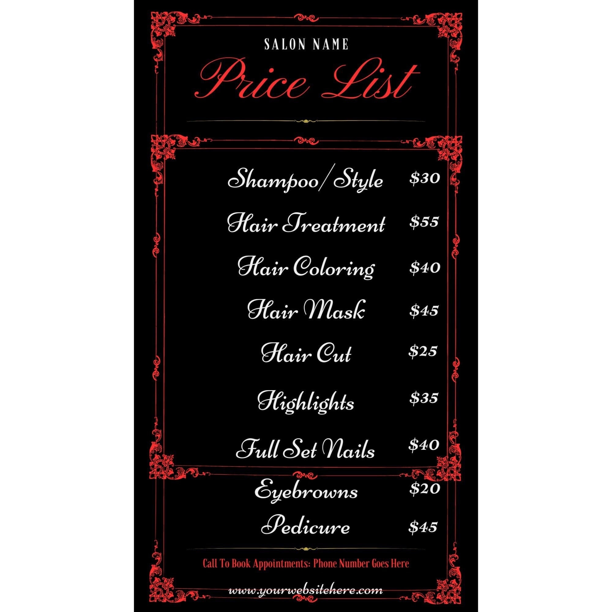 Editable Salon Price List Template | Salon Price List | Editable Price ...