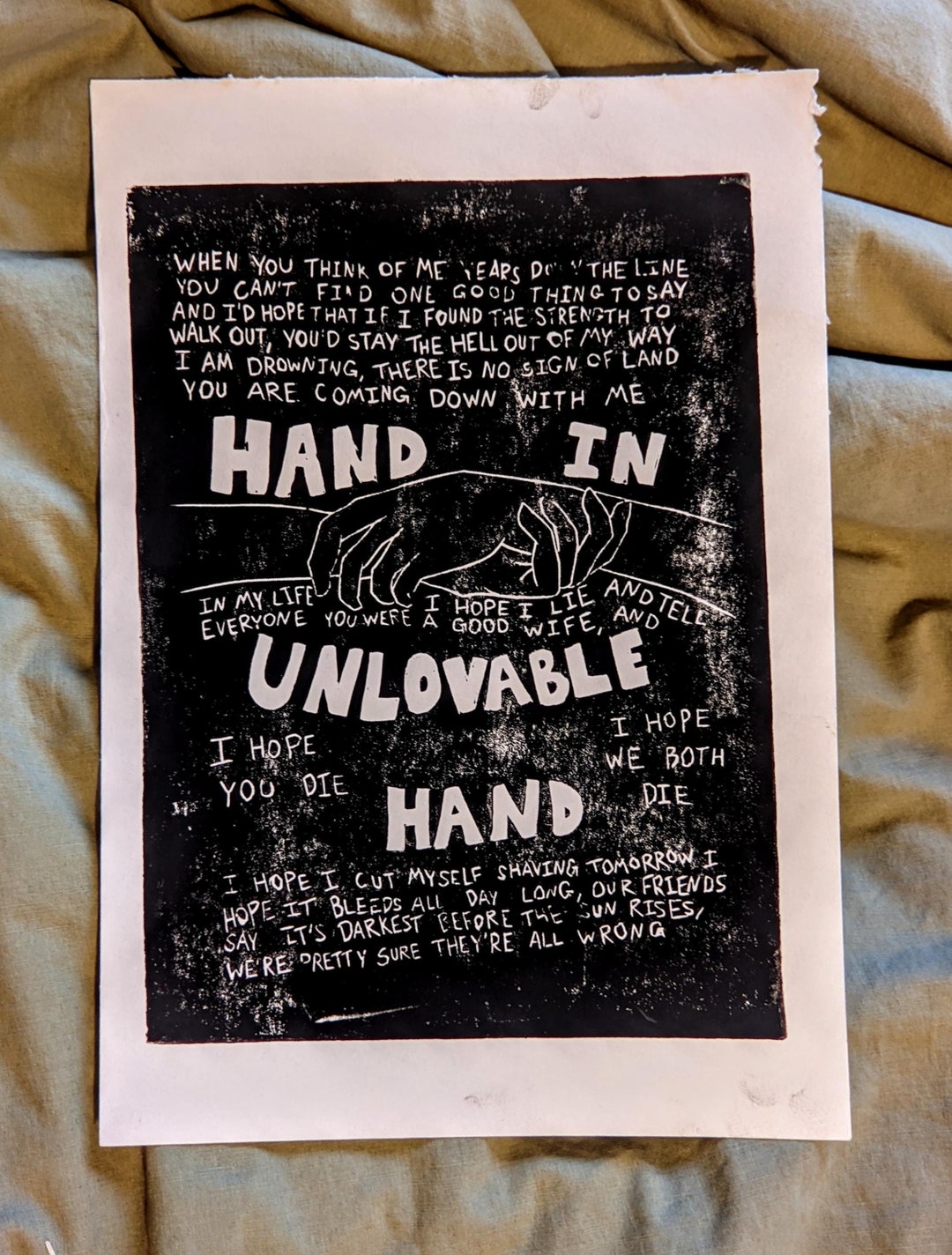 Hand in Unlovable Hand Linocut Print, No Children by the Mountain Goats ...