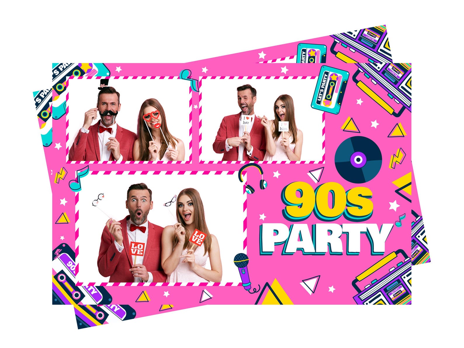 Photo Booth Template 90s Party Boombox Cassette Tape Mic Retro Both 2x6 ...