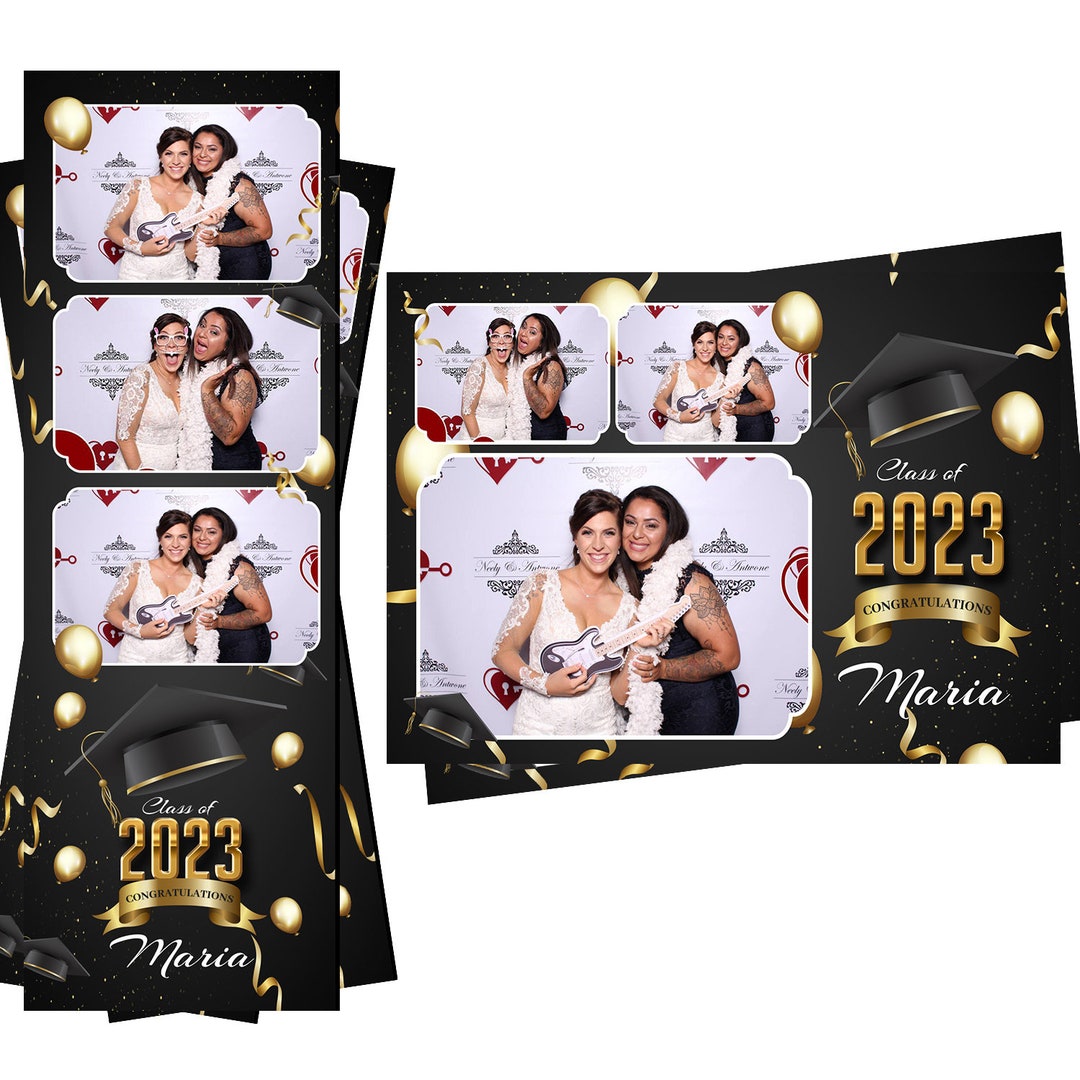 Photo Booth Template Graduation Class Cap Golden Balloon 2023 2025 Editable Text Both 2x6 Strip