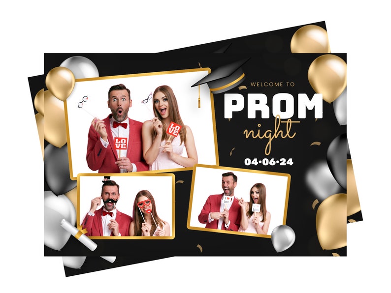 Photo Booth Template Graduation Prom Night Hat Diploma Gold White Black ...