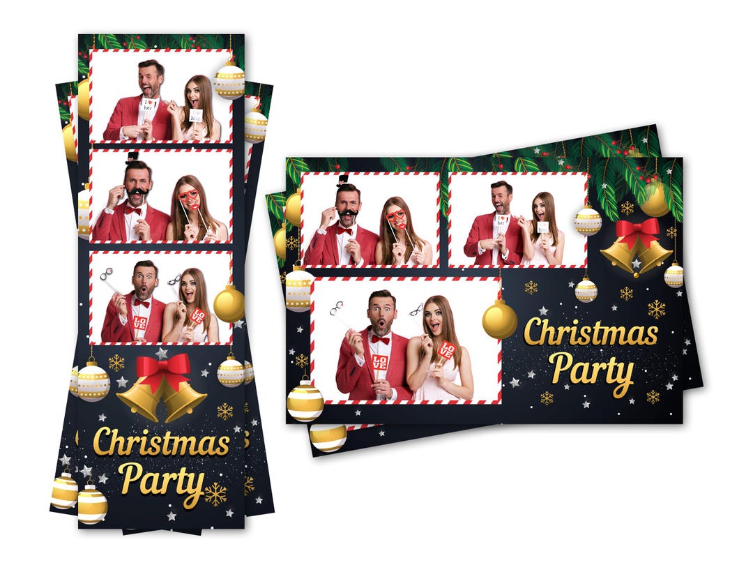 Photo Booth Template Christmas Party Gold Text Bells Snow Flakes ...