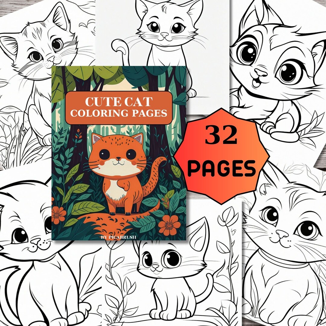 32 Cute Cat Coloring Book for Kids Cat Coloring Pages for - Etsy
