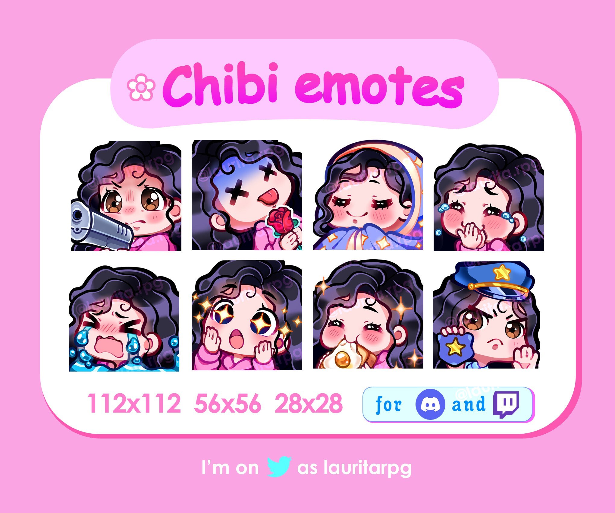 Cute Chibi Girl Emote Pack for Twitch /curly Black Hair With Bangs ...