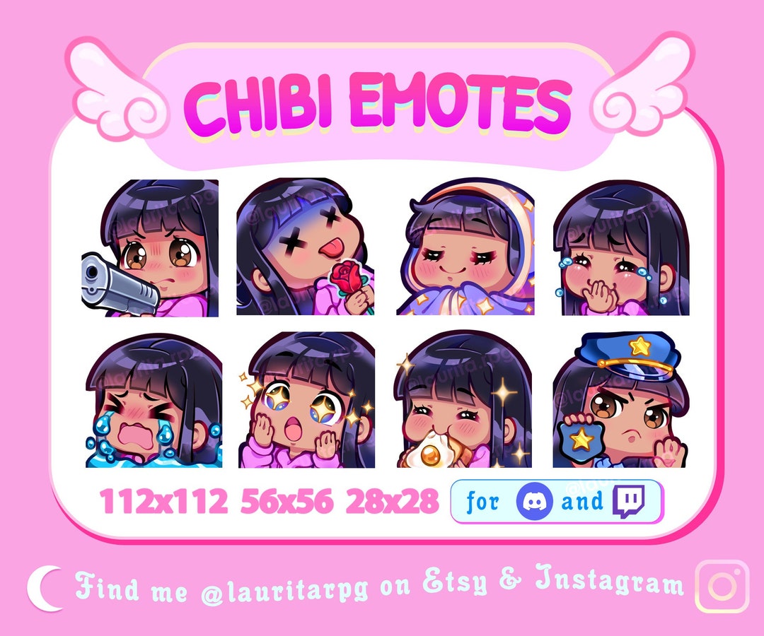 Cute Chibi Girl Emote Pack for Twitch / Straight Black Hair With Bangs ...