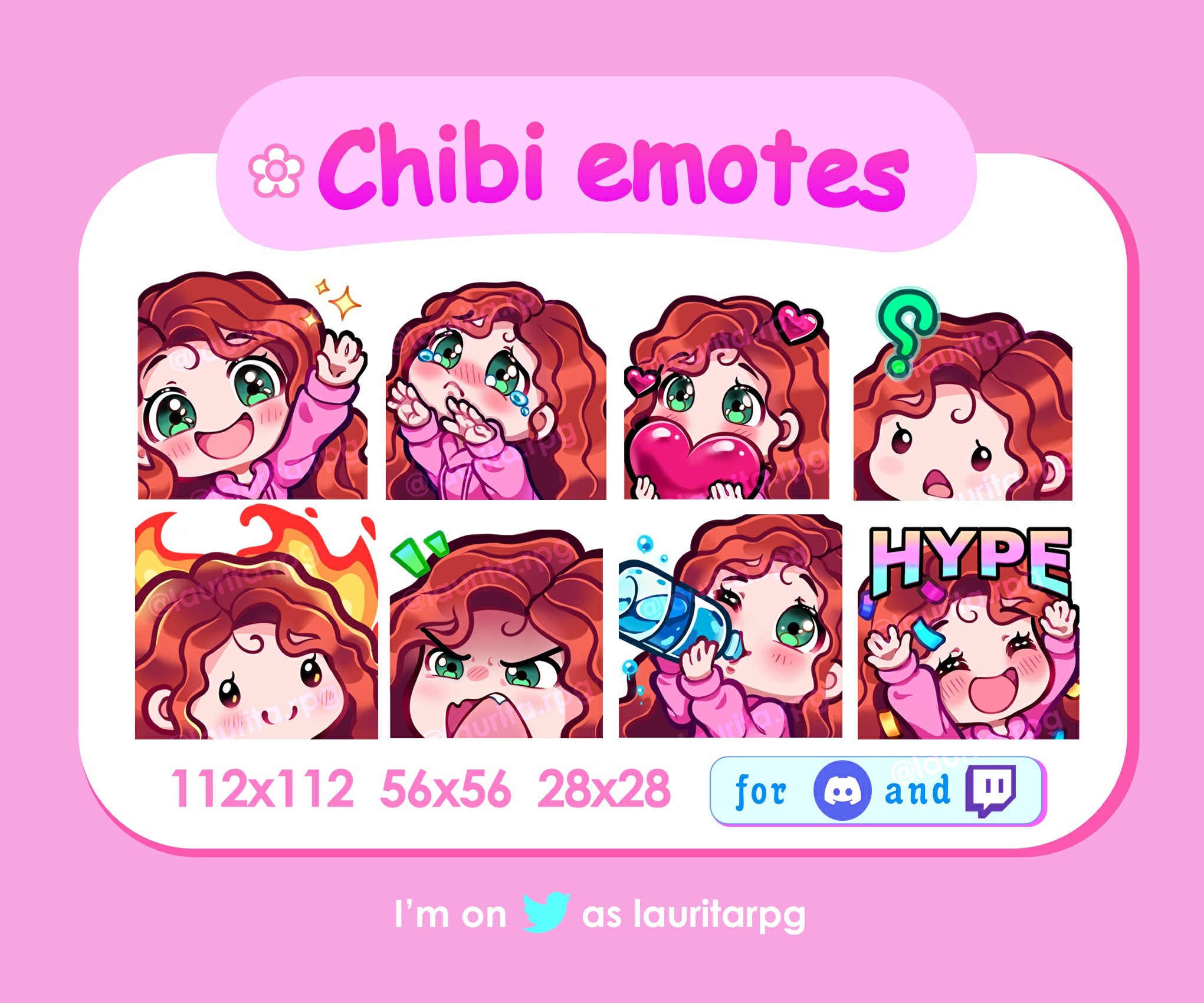 Cute Chibi Girl Emote Pack for Twitch / Curly Red Hair With Bangs ...