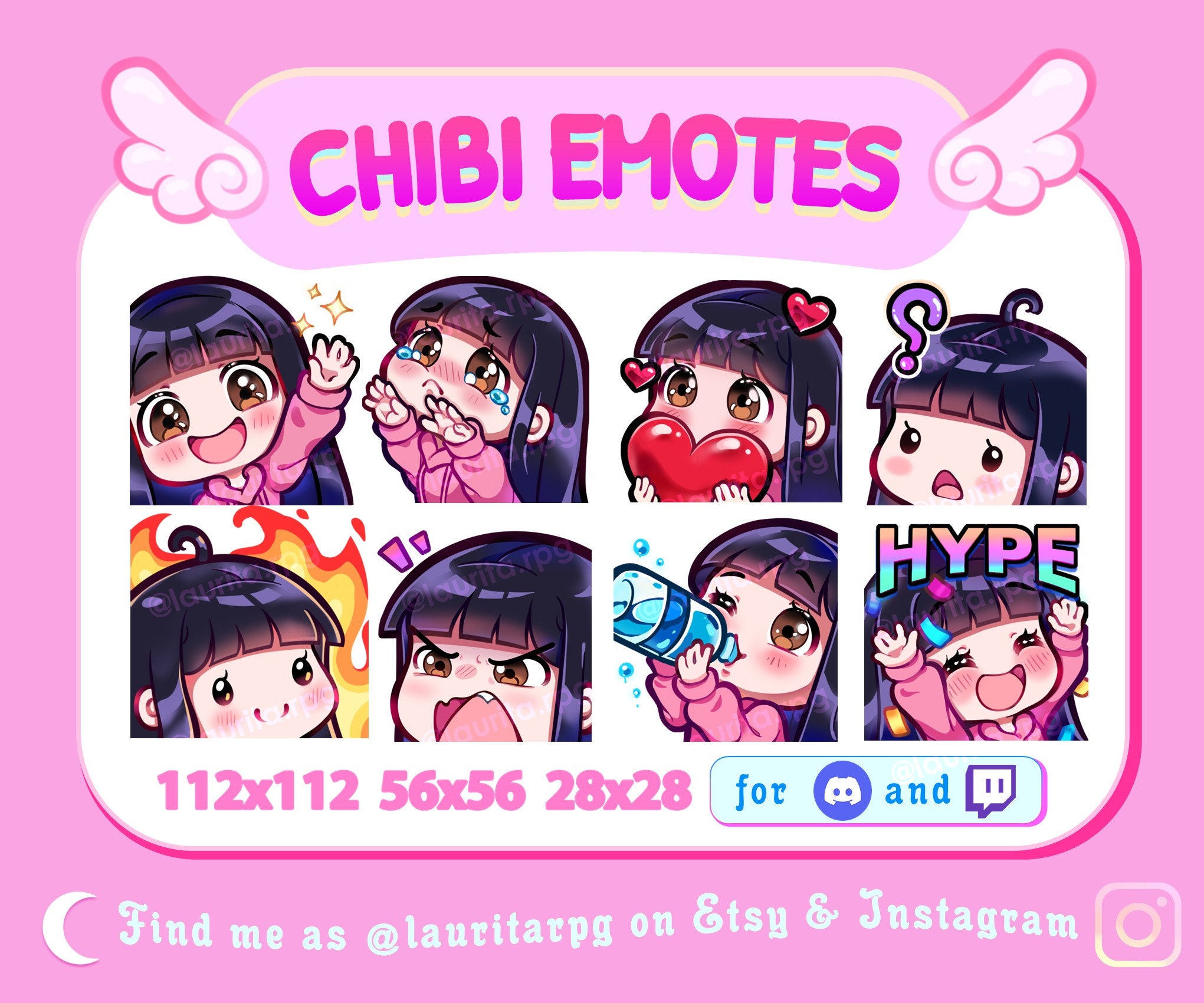 Cute Chibi Girl Emote Pack For Twitch Straight Black Hair With Bangs