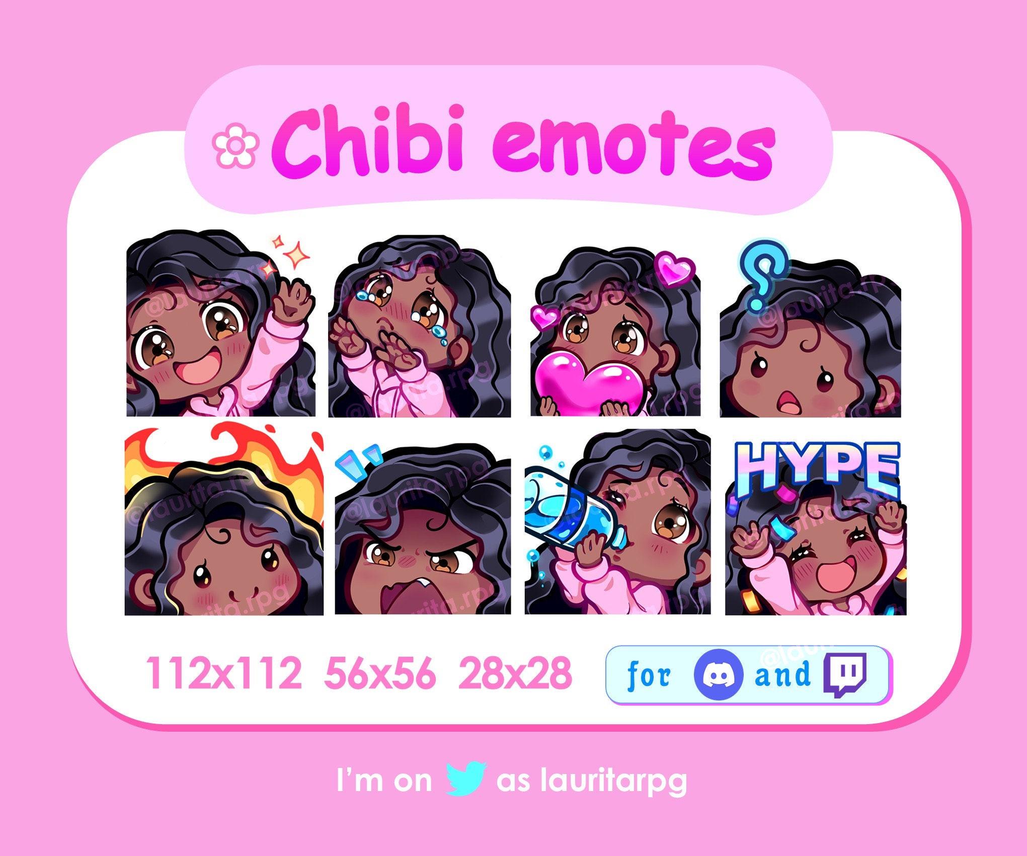Cute Chibi Girl Emote Pack For Twitch Curly Black Hair With Etsy