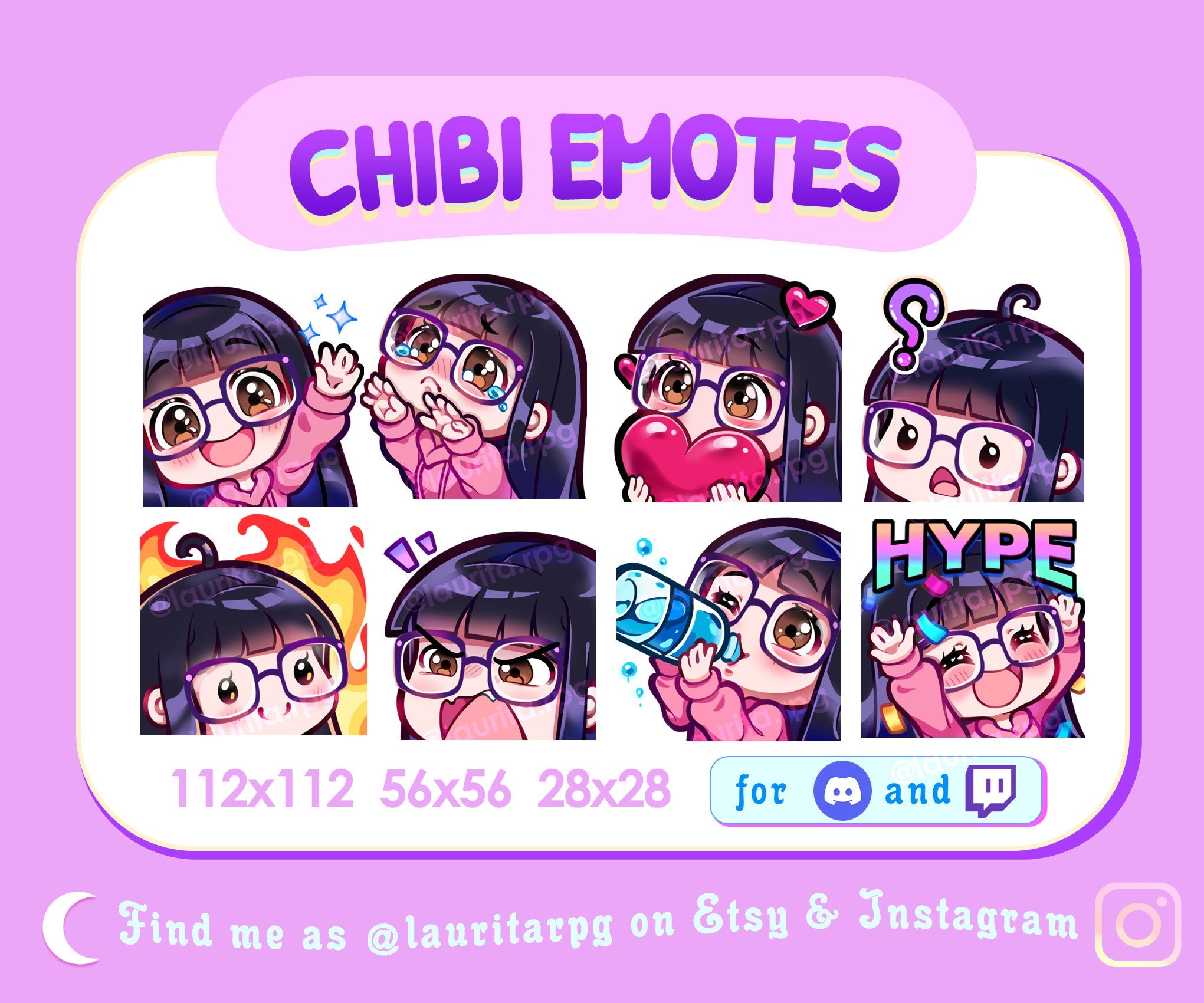 Cute Chibi Girl With Square Glasses Emote Set For Twitch Straight