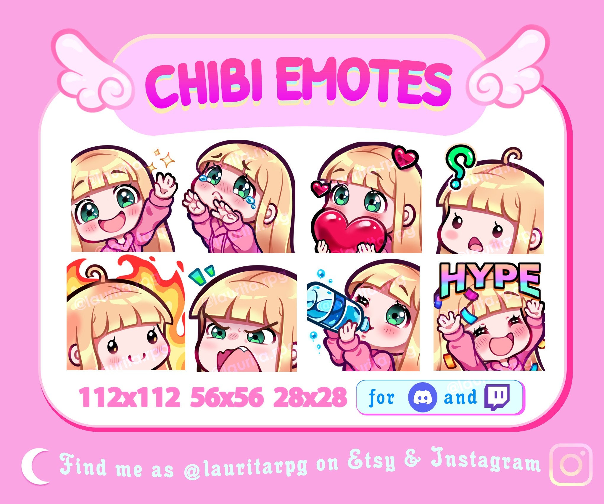 Cute Chibi Girl Emote Pack for Twitch / Straight Blonde Hair With Bangs ...