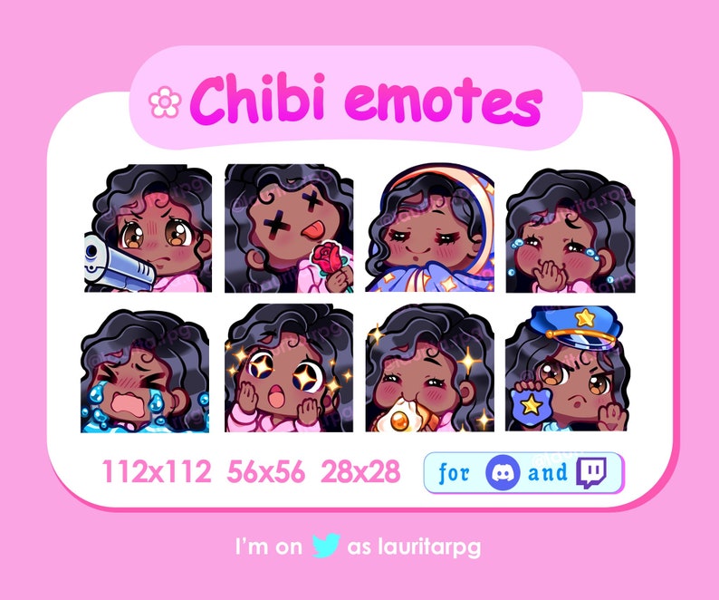 Cute Chibi Girl Emote Pack For Twitch Curly Black Hair With Bangs
