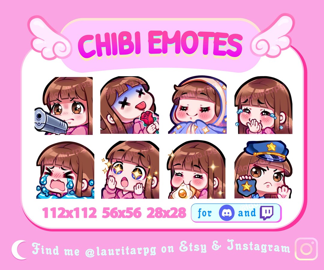 Cute Chibi Girl Emote Pack for Twitch / Straight Brown Hair With Bangs ...