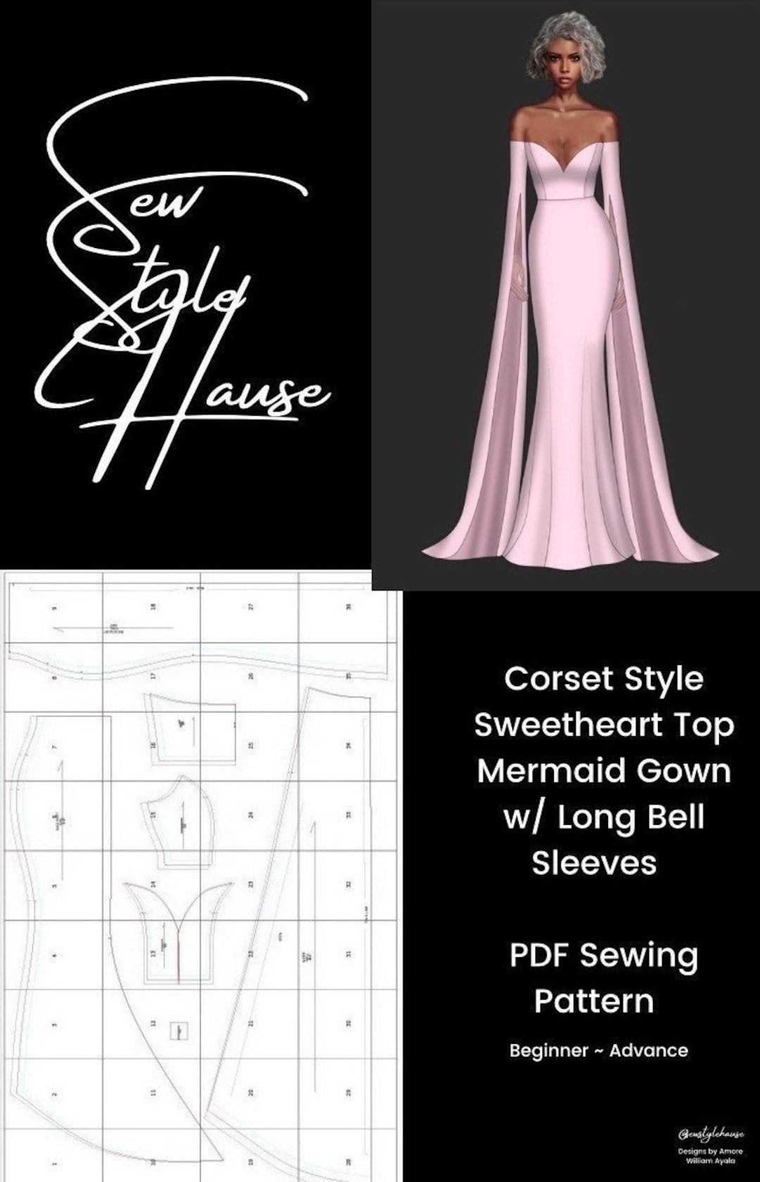 Corset Style Sweetheart Top Mermaid Gown With Long Bell Sleeves PDF Sew ...