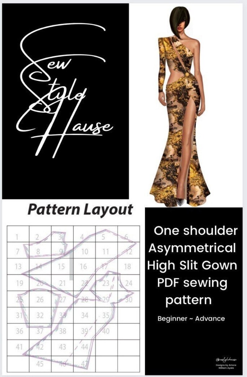 One Shoulder Asymmetrical High Slit Gown PDF Sewing Pattern - Etsy