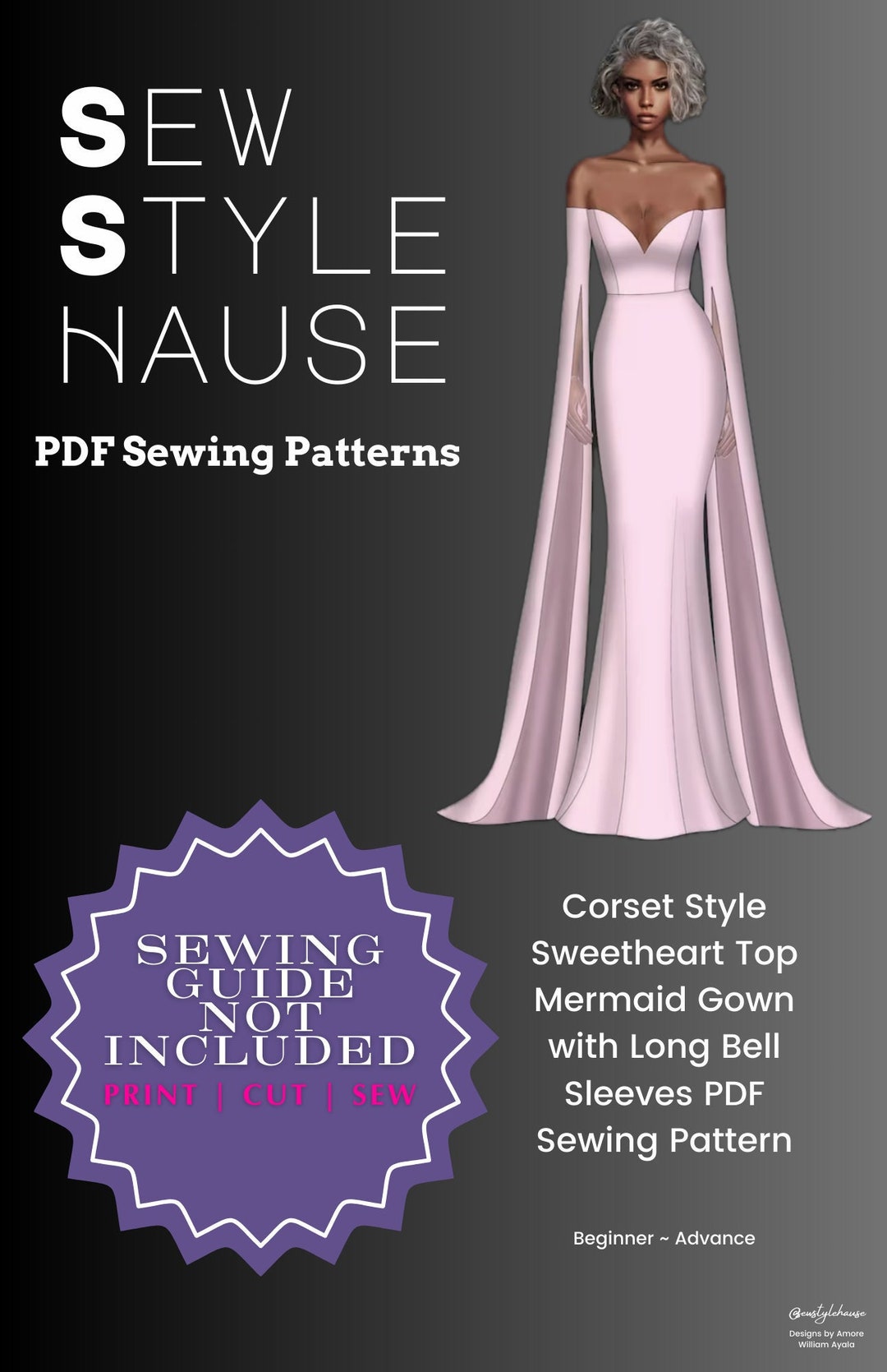 Corset Style Sweetheart Top Mermaid Gown With Long Bell Sleeves PDF Sew ...