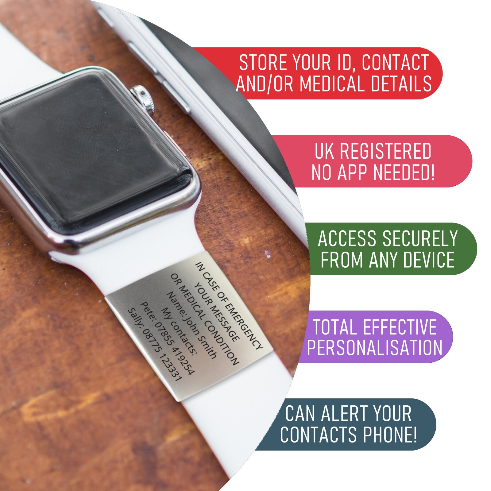 Medical Tag for Smart Watch. ID Tag for Watch Strap. Engraved Safety ...