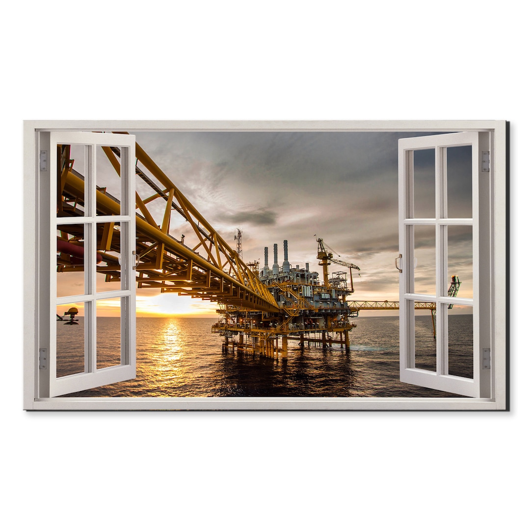 Oil Rig Platform in the Sea Sunset Window View, Window Frame Style ...