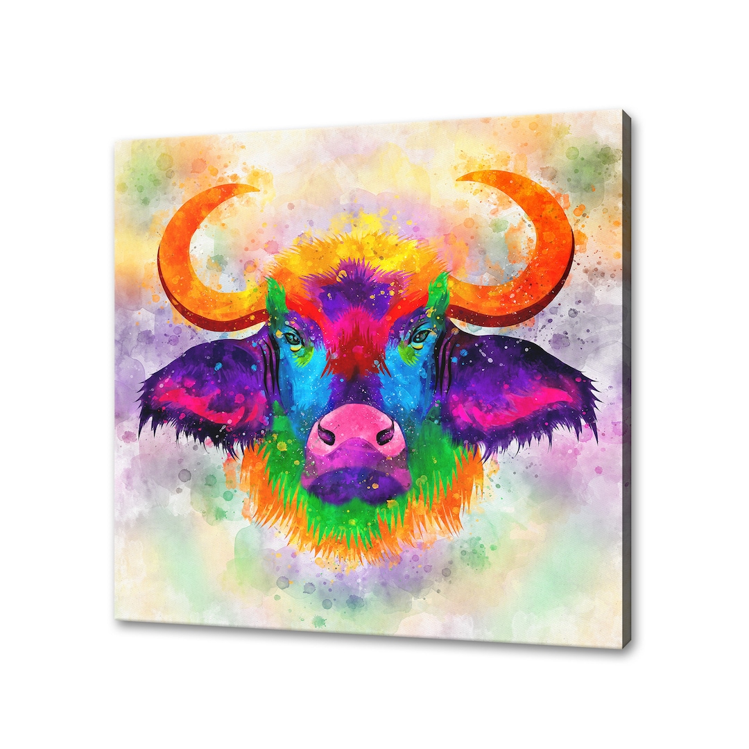 African Buffalo Colourful Watercolour Animal Canvas Wall Art Picture ...