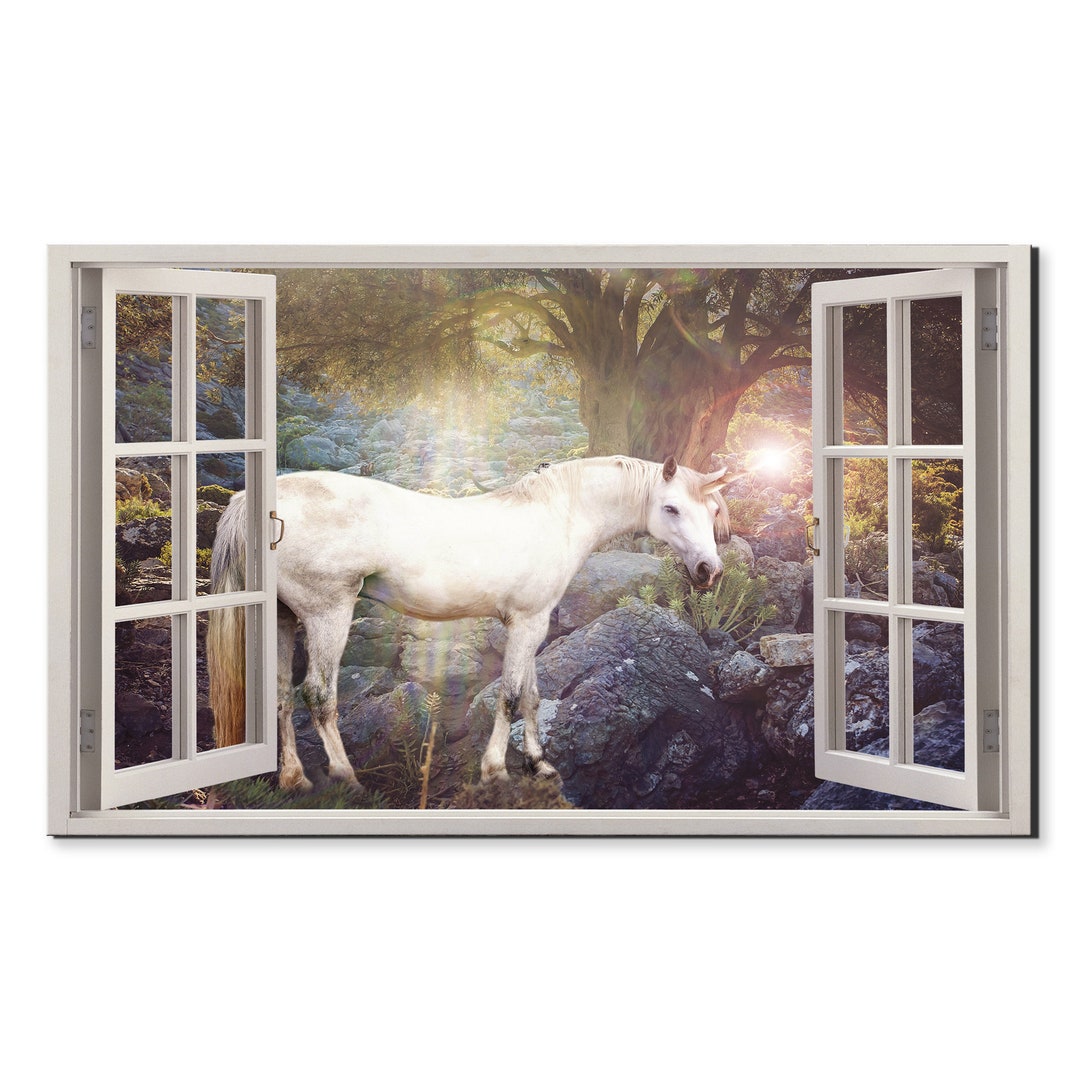 Unicorn in the Magical Forest Window View, Window Frame Style Modern ...