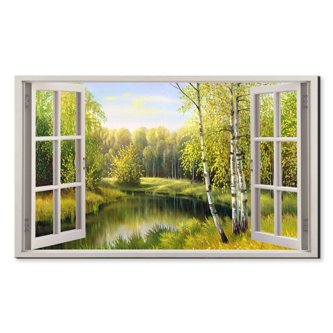 Beautiful River in the Birch Forest Window View, Window Frame Style ...