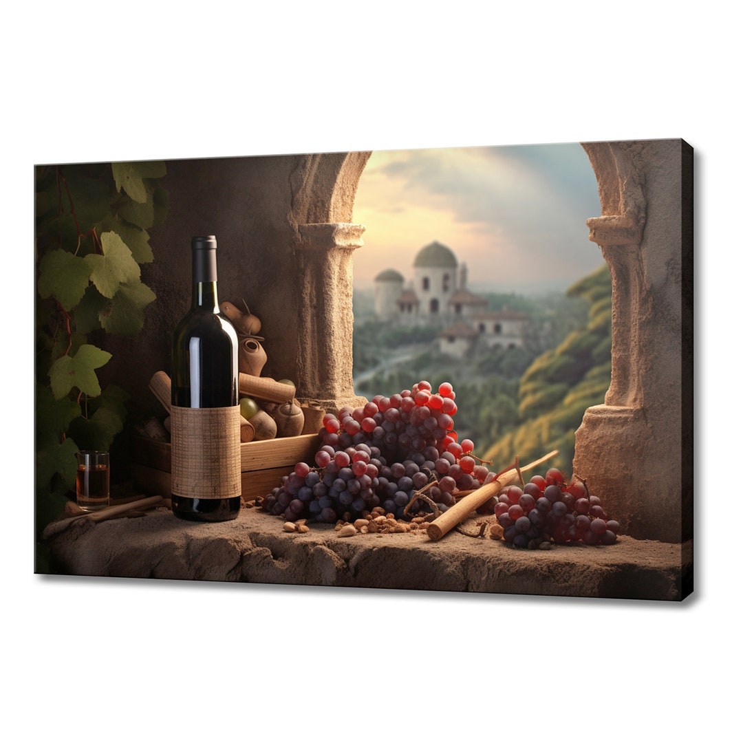 Vintage Bottle of Red Wine With Grapes Italy Canvas Print, Kitchen ...
