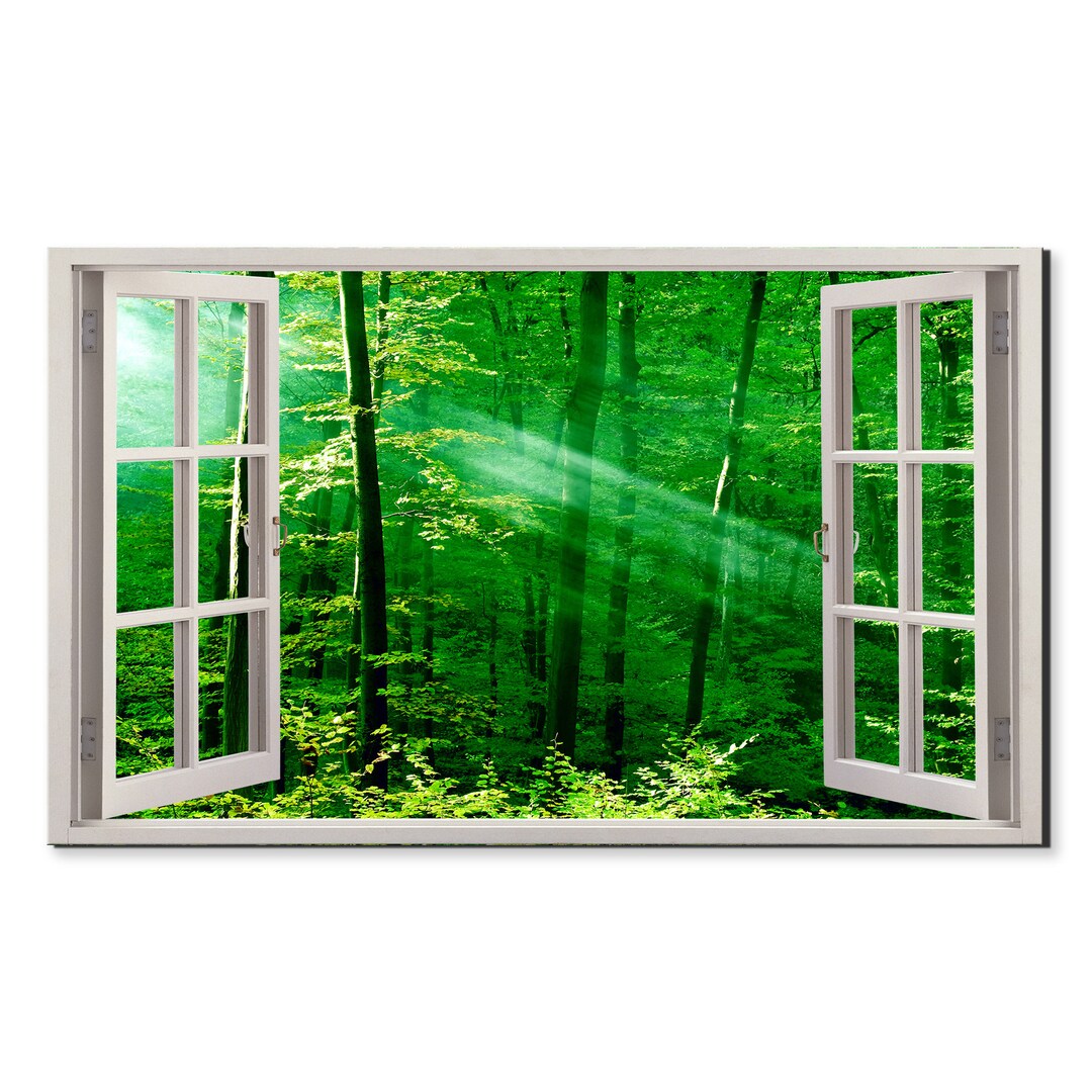 Sun Shining Through Green Forest Window View, Window Frame Style Modern ...