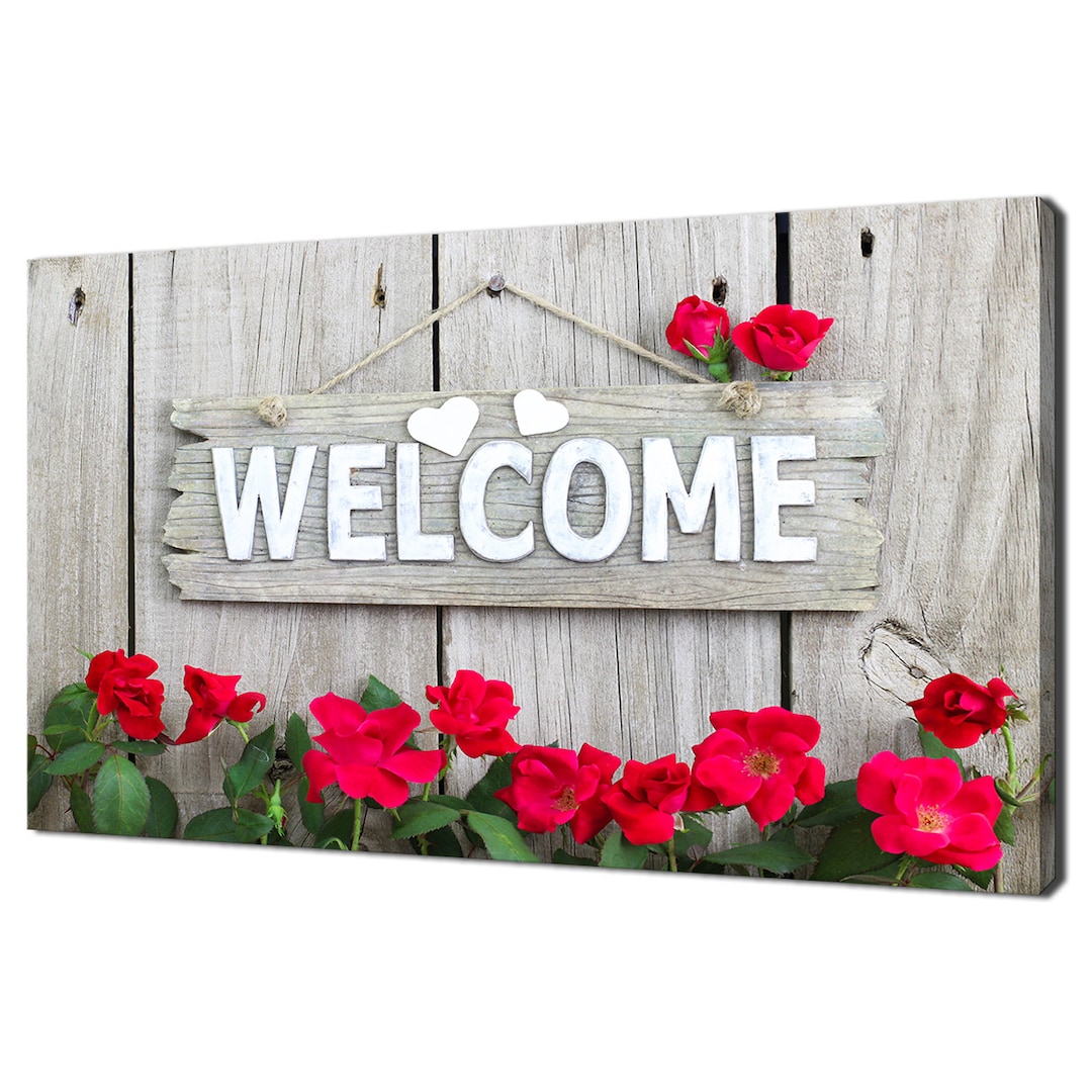 Welcome Home Sign Red Flowers Modern Design Home Decor Canvas Print ...