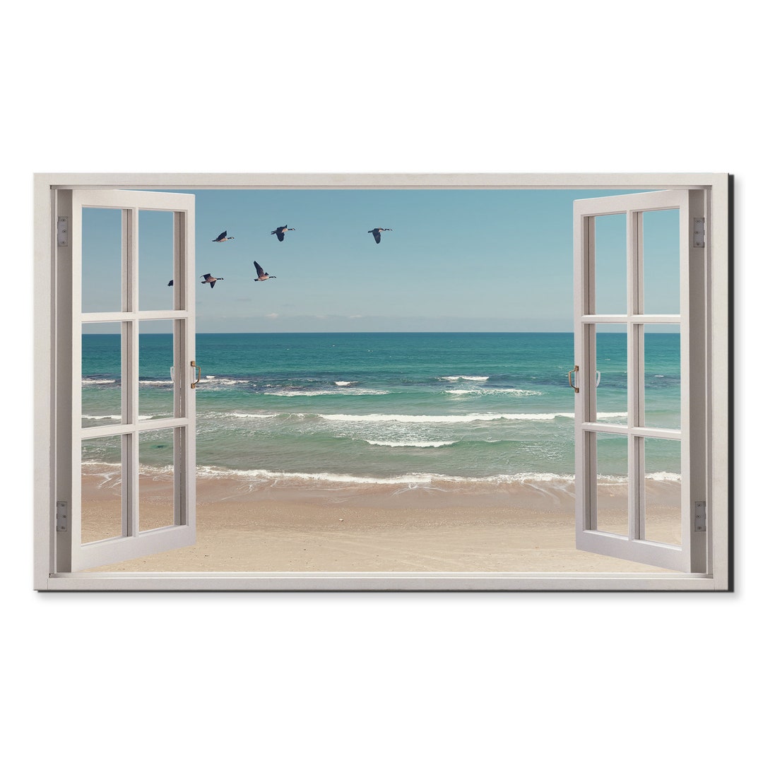 Birds Flying Over the Beach Seascape Window View, Window Frame Style ...