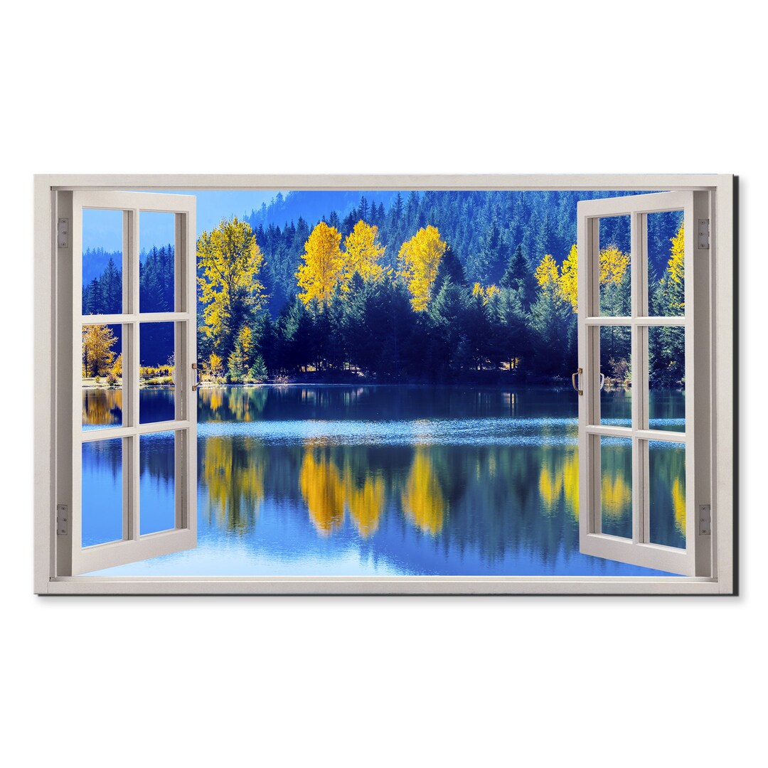Yellow Trees Blue Lake Window View, Window Frame Style Modern Design ...