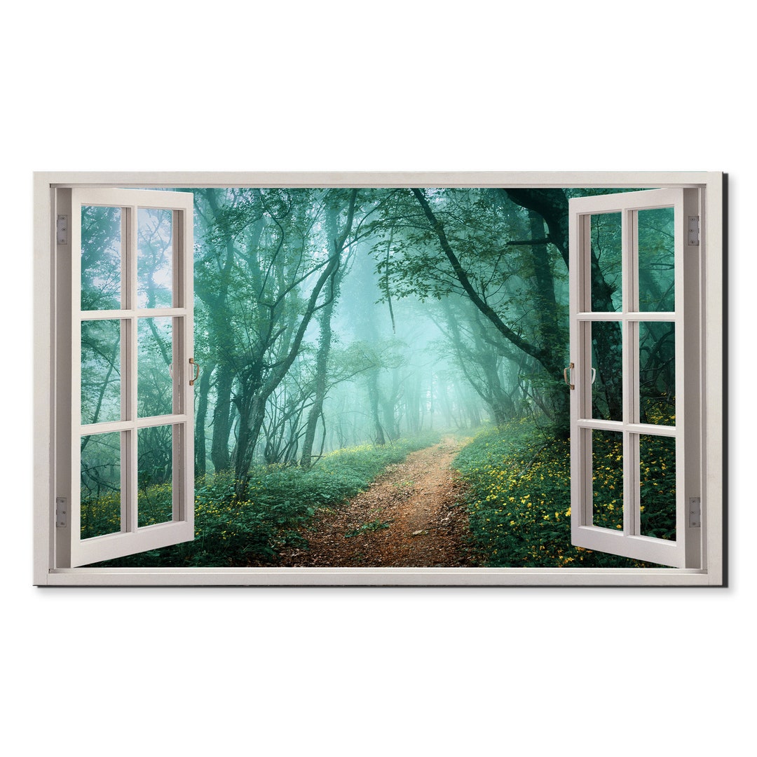 Path in the Misty Green Forest Window View, Window Frame Style Modern ...