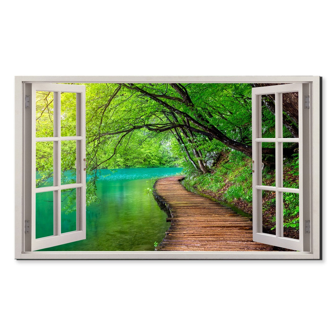 Wooden Path in Deep Forest River Window View, Window Frame Style Modern ...