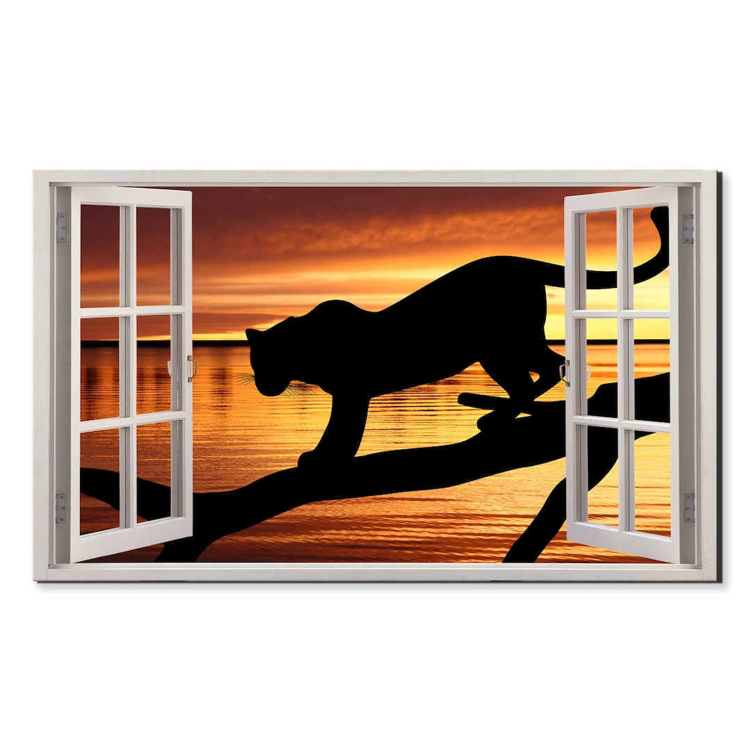 Leopard on A Tree Branch at Sunset Window View, Window Frame Style ...