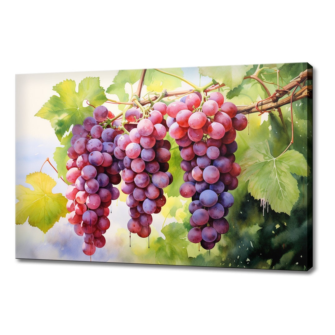 Rote Trauben Obst Ast Aquarell Leinwand Druck, Bunte Küche Wand Kunst, Obst Leinwand Druck ...