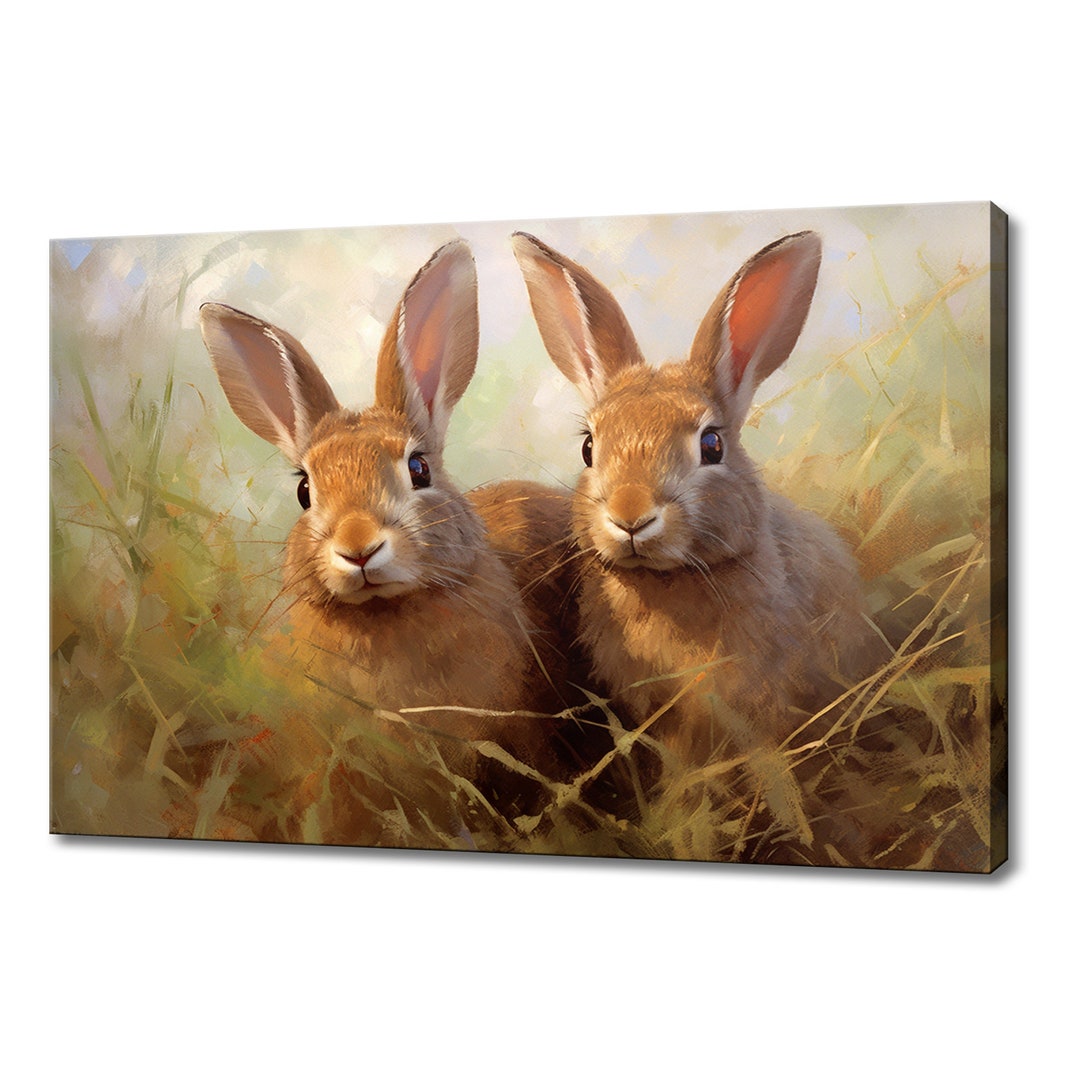 Two Bunnies Rabbits Vintage Painting Style Canvas Print, Farmhouse ...