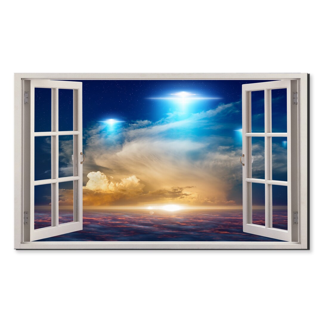 UFO Flying on the Blue Sky Window View, Window Frame Style Modern ...