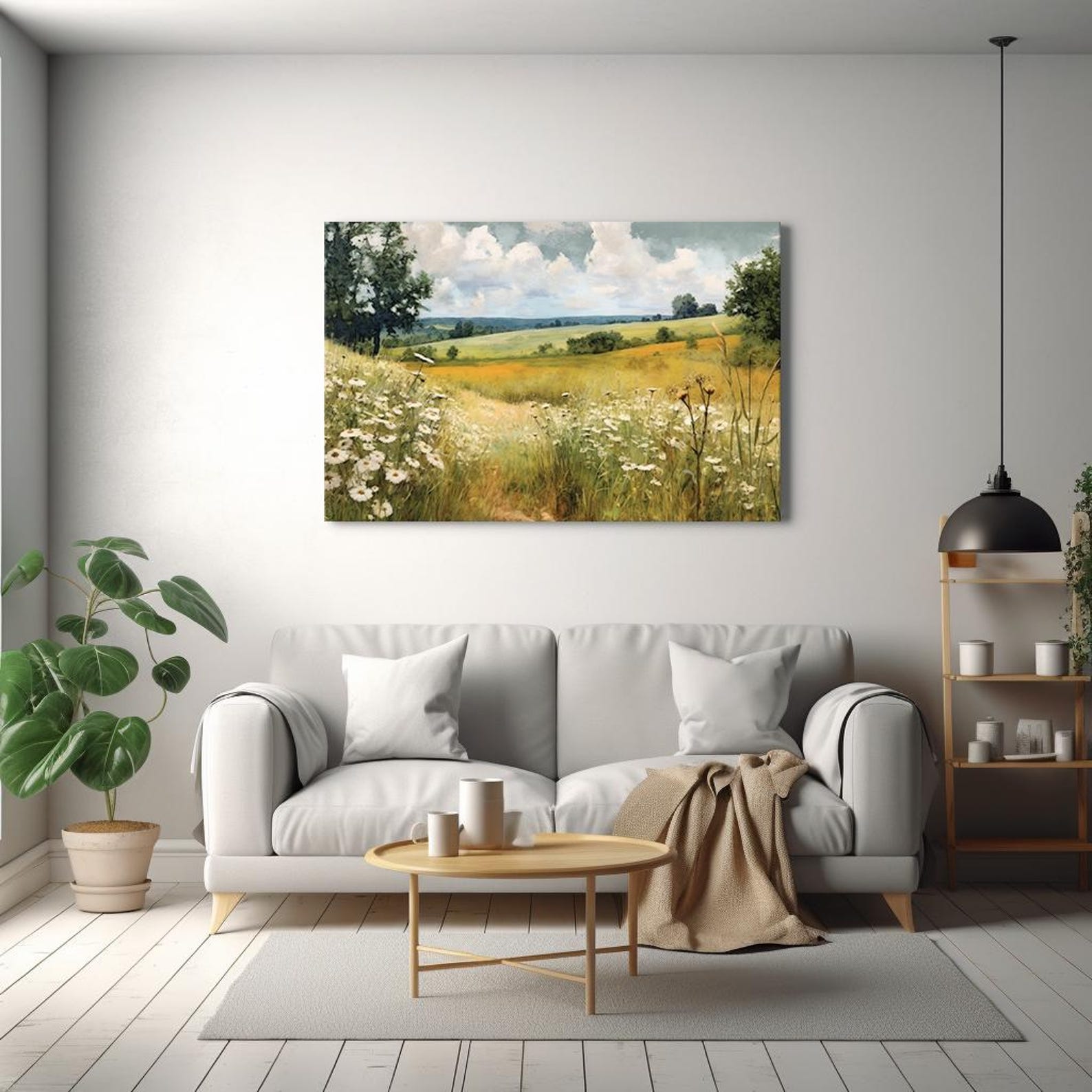 White Daisy Flowers Meadow Field Vintage Countryside Painting Style ...