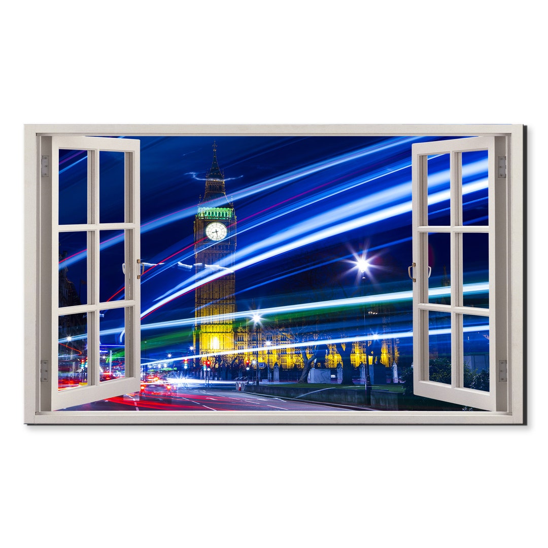 Blue London Night Lights Big Ben Window View, Window Frame Style Modern ...